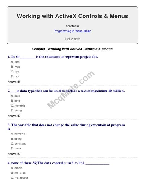 Working With Activex Controls Menus Programming In Visual Basic Set 1