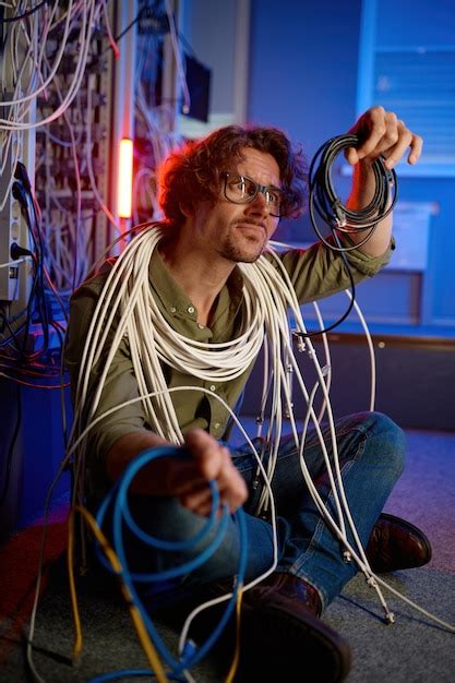 Premium Photo Crazy Mad Computer Engineer Wrapped In Wires And Cables In Server Room Confused