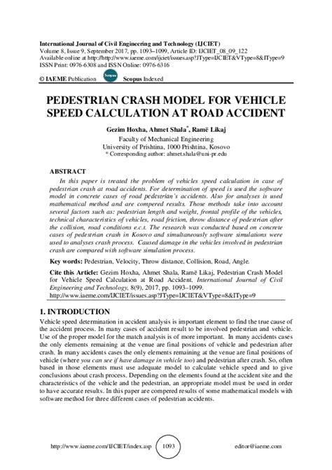Pdf Pedestrian Crash Model For Vehicle Speed Calculation At Road Accident