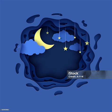 종이 컷 스타일의 둥근 모양의 밤 하늘 로프와 달 종이 컷 예술에 별과 파란색 흐린 풍경 3d 배경입니다 귀여운 종이 접기