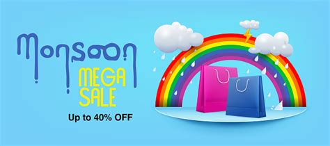 몬순 메가 세일 제안 배너 템플릿입니다 비와 몬순 구름이 있는 연단에 있는 쇼핑백 세일에 대한 스톡 벡터 아트 및 기타 이미지 세일 비 몬순 Istock