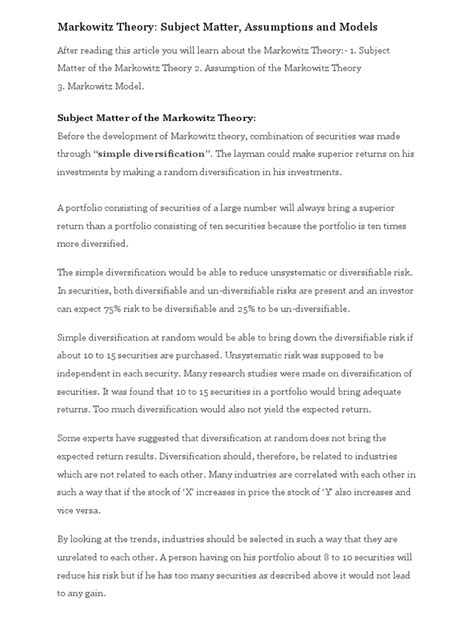 Modern Portfolio Theory Markowitz Pdf Diversification Finance Modern Portfolio Theory