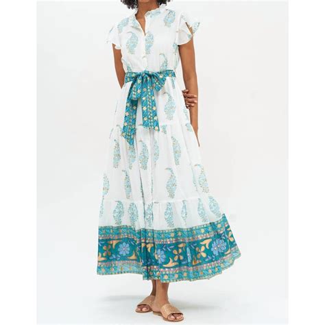 Oliphant Ruffle Collar Button Maxi Dress In Roma Turquoise Grailed
