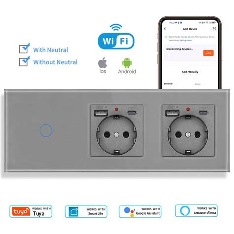 Умный сенсорный Wifi выключатель с розеткой Usb и Type C портами в одной стеклянной Серый рамке