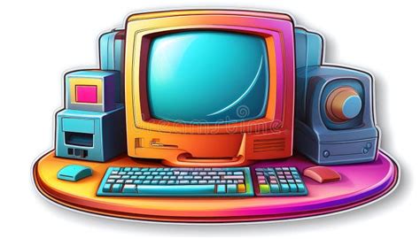vibrant retro computer sticker featuring a colorful monitor keyboard