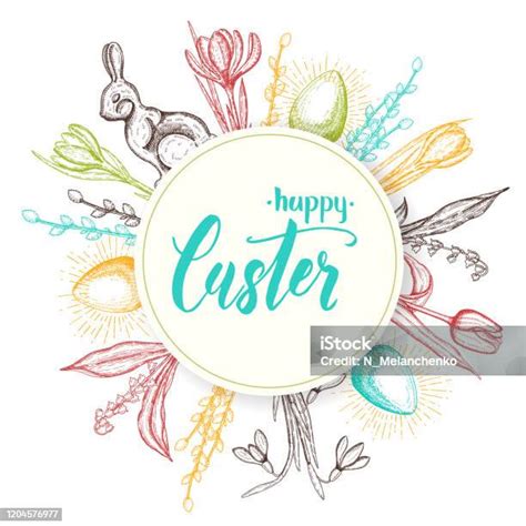 부활절 달걀 초콜릿 토끼 계곡의 백합 튤립 스노우 드롭 크로커스 버드 나무 행복 부활절 손 그린 낙서 색깔 아이콘 객체는 레이블 주위에 있습니다 핸드메이드 레터링 해피