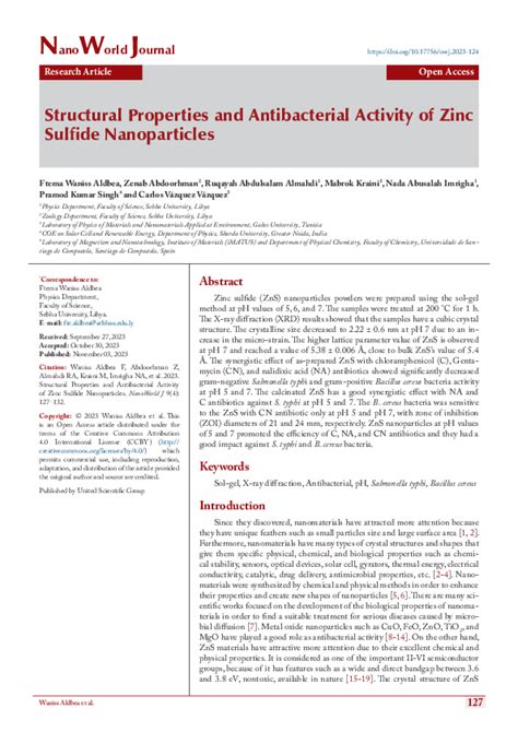 Pdf Structural Properties And Antibacterial Activity Of Zinc Sulfide