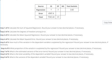 Solved Source Ss Df Ms Test Statistic Regression3 202