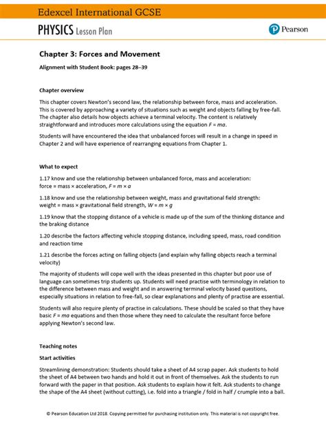 Igcse Physics Lesson Plan 3 Forces And Movement Pdf Force Mass