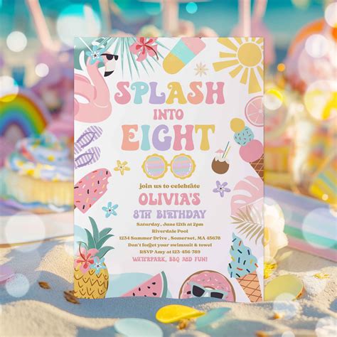 Editable Splash Into Eight 8th Birthday Pool Party Invitation Tropical