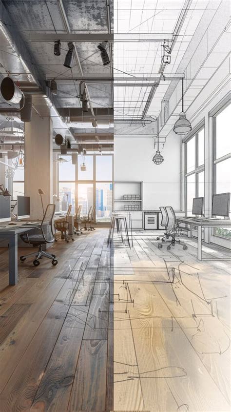 Modern Office Transition From Technical Drawing Blueprint To Reality