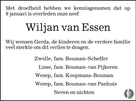 Jan Willem Wiljan Van Essen 09 01 2010 Overlijdensbericht En