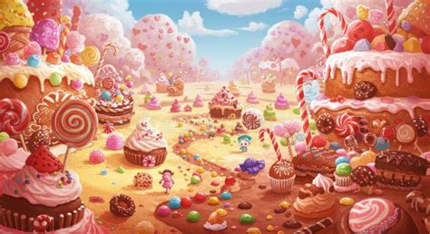 Imaginary Candy Land Landscape With Cartoon Characters And Cupcakes