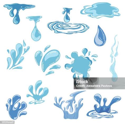 물 다른 물 방울 흐르는 방울 파도 눈물 스플래시 자연의 물보라의 아이콘 세트 떨어지는 액체 물 유출 바다 여름 수분 신선도 벡터 만화 일러스트레이션 개체 그룹에 대한 스톡