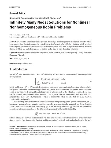 Pdf Infinitely Many Nodal Solutions For Nonlinear Nonhomogeneous Robin Problems