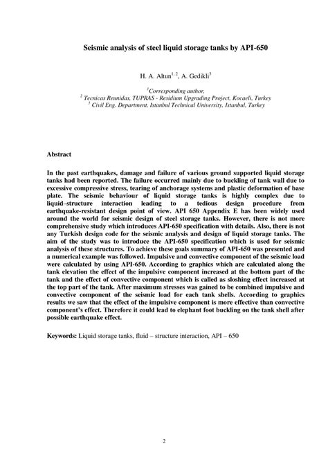 Pdf Seismic Analysis Of Steel Liquid Storage Tanks By Api 650