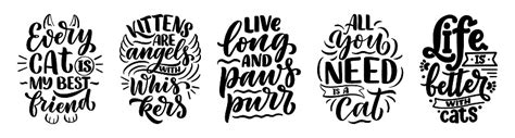 손으로 그린 스타일로 인쇄 고양이에 대한 재미있는 문자 따옴표로 설정합니다 포스터를 위한 크리에이티브 타이포그래피 슬로건 디자인 만화 벡터 일러스트레이션입니다 개념에 대한
