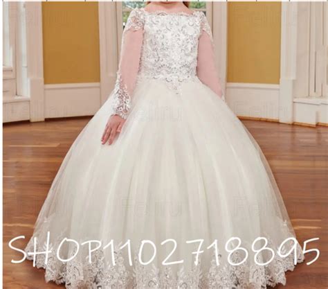 فستان بناتي بأكمام طويلة مزين ثلاثية الأبعاد مع خرز ، طبقات دانتيل