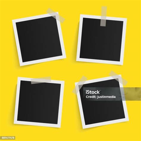 노란 배경에 스티커 테이프 평방 벡터 사진 프레임의 집합입니다 템플릿 사진 디자인입니다 벡터 일러스트 레이 션 즉석 인화 전송에