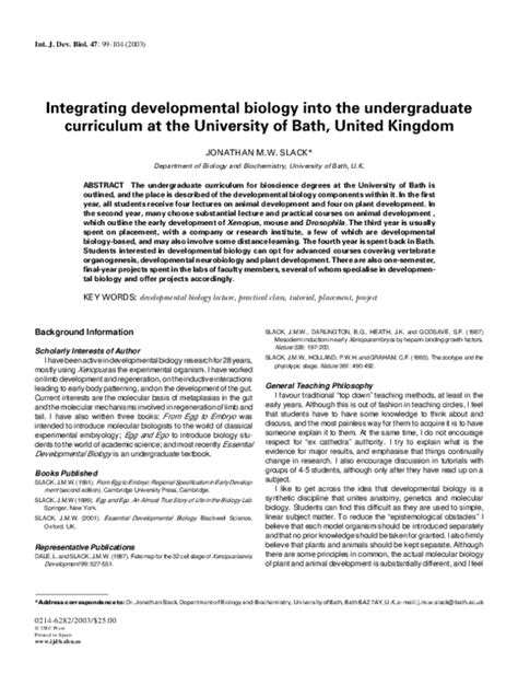 Pdf Integrating Developmental Biology Into The Undergraduate Curriculum At The University Of