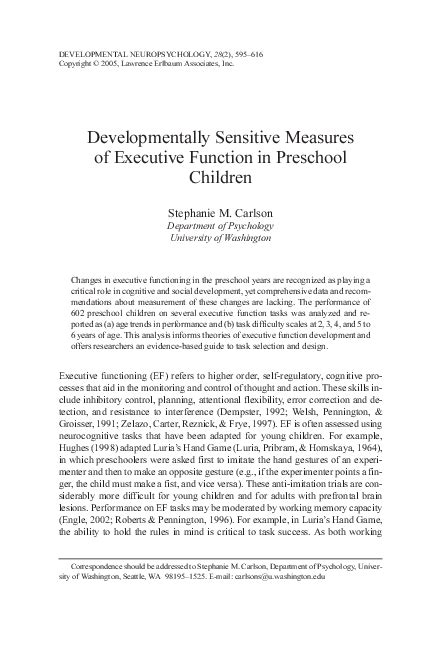Pdf Developmentally Sensitive Measures Of Executive Function In