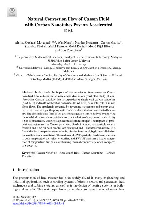 Pdf Natural Convection Flow Of Casson Fluid With Carbon Nanotubes Past An Accelerated Disk