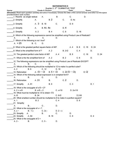 Q2 S3 22 23 Math Mathematics 9 Quarter 2 3rd Summative Test Name