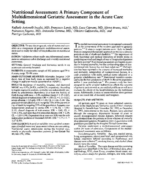 Pdf Nutritional Assessment A Primary Component Of Multidimensional