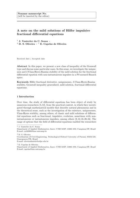 Pdf A Note On The Mild Solutions Of Hilfer Impulsive Fractional Differential Equations