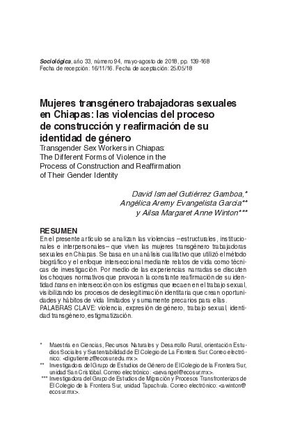 Pdf Mujeres Transgénero Trabajadoras Sexuales En Chiapas Las