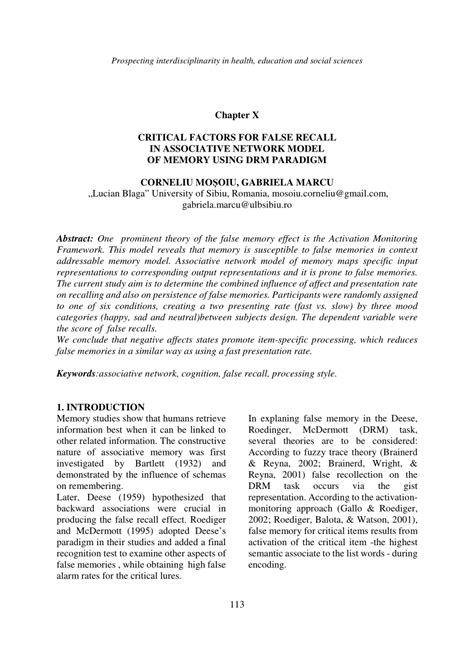 Pdf Critical Factors For False Recall In Associative Network Model Of Memory Using Drm Paradigm