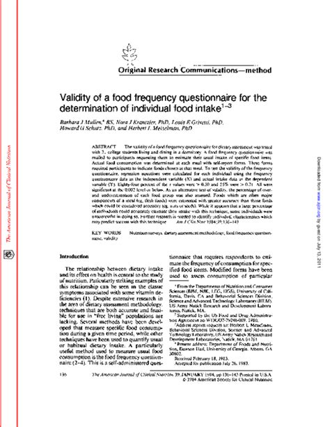 Pdf Validity Of A Food Frequency Questionnaire For The Determination