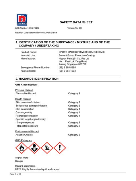 Epoxy Mastic Primer Orange Base Sds 08022024 1 Pdf Dangerous Goods Toxicity