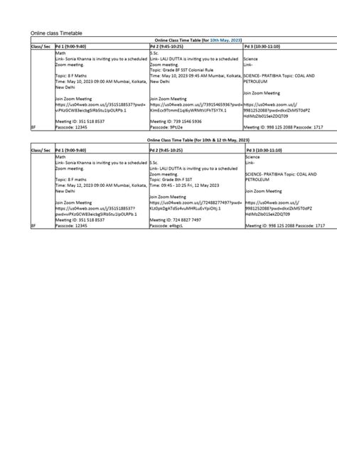Online Class Timetable Pdf