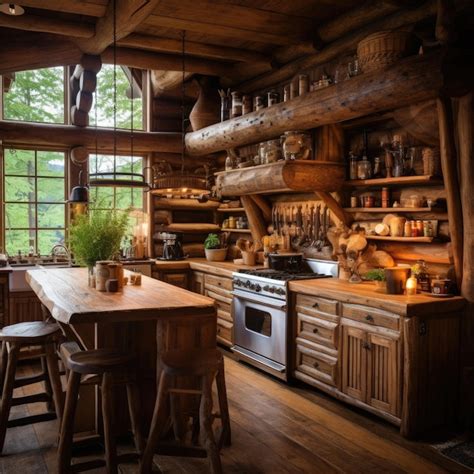 Premium Ai Image Wooden Cabin Kitchen With Log Furniture