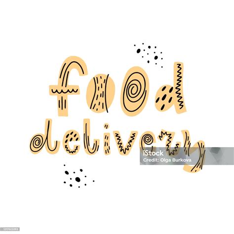 음식 배달의 벡터 레터링입니다 흰색 배경에 고립 된 귀여운 낙서 편지 0명에 대한 스톡 벡터 아트 및 기타 이미지 0명