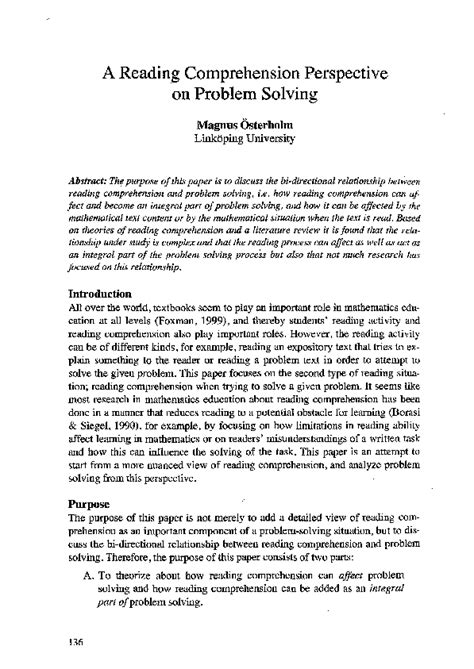 Pdf A Reading Comprehension Perspective On Problem Solving