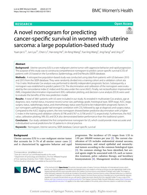 Pdf A Novel Nomogram For Predicting Cancer Specific Survival In Women With Uterine Sarcoma A