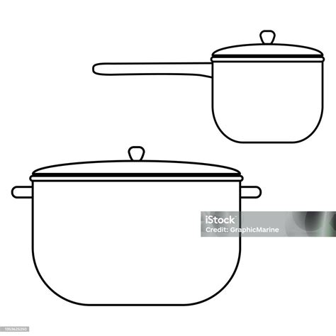 긴 손잡이 냄비와 냄비 윤곽 의 주방 도구 세트 흰색 배경에 고립 된 간단한 미니멀 한 평면 디자인 벡터 일러스트 가정 생활에
