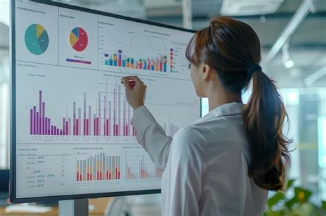 a man pointing at a computer monitor displaying graphs and charts