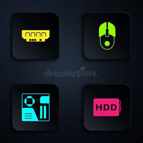 Set Hard Disk Drive Hdd Ram Random Access Memory Motherboard Digital Chip And Computer Mouse