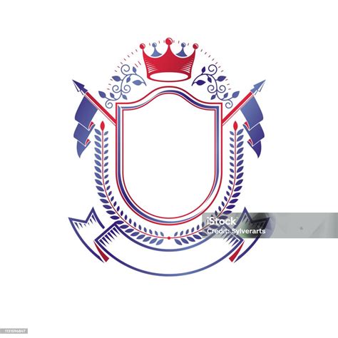 장엄한 왕관과 깃발을 사용 하 여 구성 된 그래픽 엠 블 럼 전 령 무기 장식 표시 고립 된 벡터 일러스트 고대의에 대한 스톡 벡터 아트 및 기타 이미지 Istock