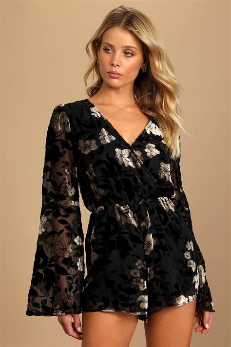 Black Floral Romper Burnout Velvet Romper Long Sleeve Romper Lulus