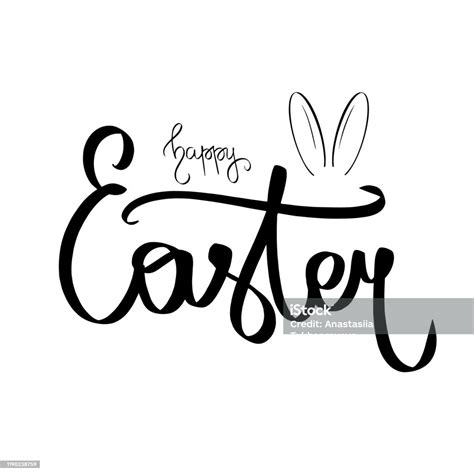 토끼 귀와 흰색 배경에 귀여운 손으로 쓴 문자 스타일 행복 부활절 날 서예 엽서 포스터 그래픽 디자인 타이포그래피 요소 토끼 귀가있는 간단한 검은 색 기호 그림입니다 검은