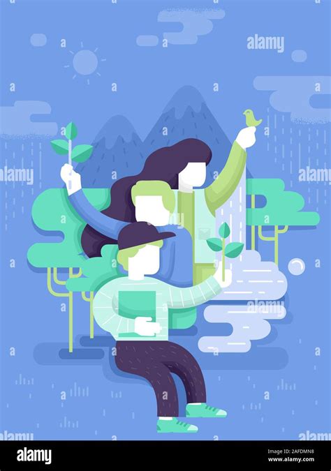 Illustration Of Man And Woman Holding Plants With Trees And Nature Youth Abstract Nature Lover