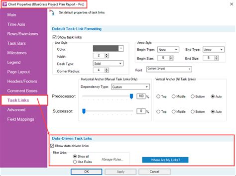 editing task links with the chart properties form for onepager pro for