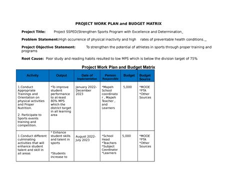 Project Work Plan And Budget Matrix Ssped Project Work Plan And Budget Matrix Project Title