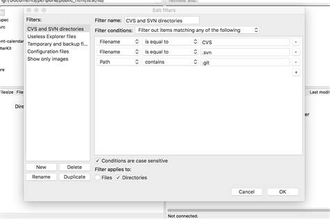 ftp how can i get filezilla to ignore folder or files like svn or