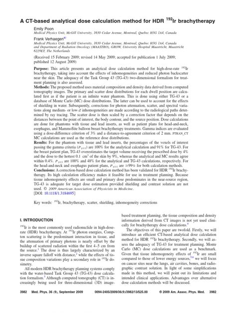 A Ct Based Analytical Dose Calculation Method For Hdr 192ir