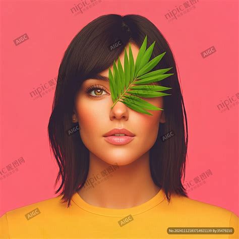 Ai创作图3d效果女孩 写实少女 写实人物插画 潮流夏装风格 纸艺概念模型 绿叶眉毛 写实女人 数字肖像插画 美女创意插画 绿色健康护肤 美女